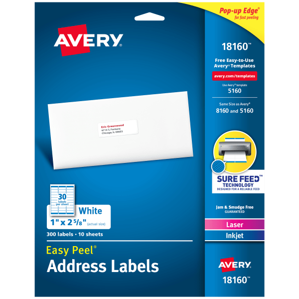 Avery® Easy Peel® Permanent Inkjet/Laser Address Labels, 18160, 1 Avery® Easy Peel® Permanent Inkjet/Laser Address Labels, 18160, 1