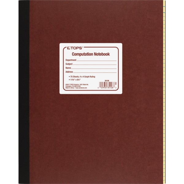 TOPS™ Computation Notebook, 11 3/4" x 9 1/4", 4 x 4 Quad, 75 Sheets ...