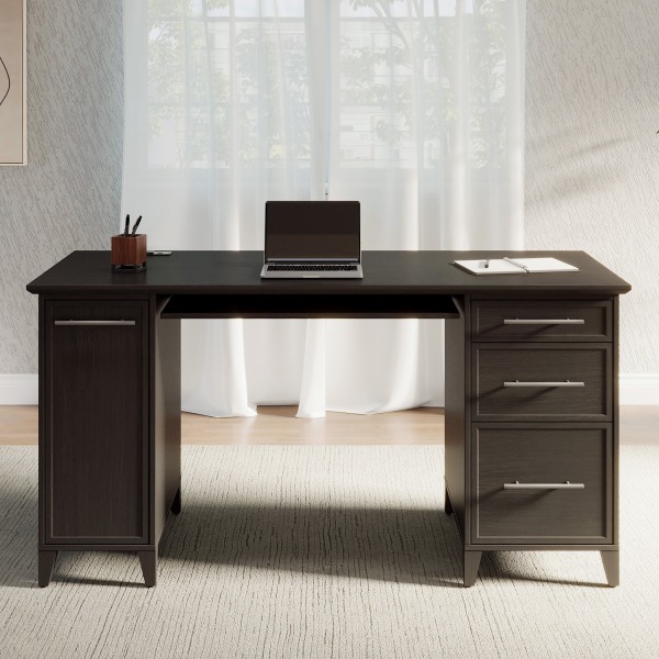 Realspace Koru 60 W Straight Computer Desk with Integrated Power Charging Espresso Oak