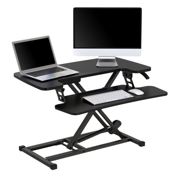 Realspace P10 Pneumatic Standing Desk Riser Converter with Keyboard Tray 20 inchh x 31 1 2 inchw x 25 inchd Black