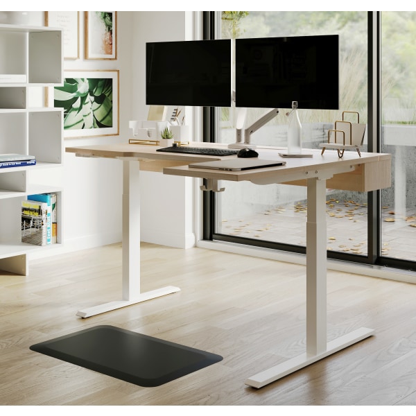 Realspace Koru Electric 59 W L Shaped Height Adjustable Standing Desk with Integrated Power Charging Natural Oak